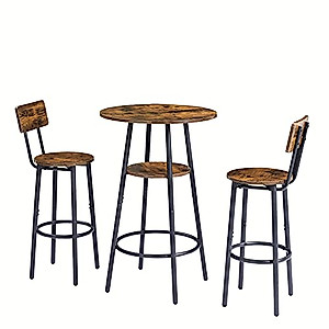 Tensun Bistro Table and Chairs Set of 2, 3-Piece Bar Table and Chairs, Small 2-Tier Round Pub Dining Table with Wooden Stools and Backrest, High Top Table for Kitchen Small Space