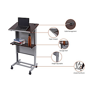 Stand Up Desk Store Mobile Adjustable Height Rolling Lectern Podium with Heavy Duty Steel Frame (Silver Frame/Dark Walnut Shelves, 25.5" Wide)