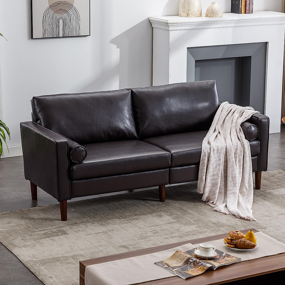 DIFY 77” Mid-Century Modern Loveseat Couch, Leather Faux Sofa with Two Upholstered Cushions, Comfortable Couch with Wooden Frame and 3 Seater, for Living Room, Bedroom, Office(Black)