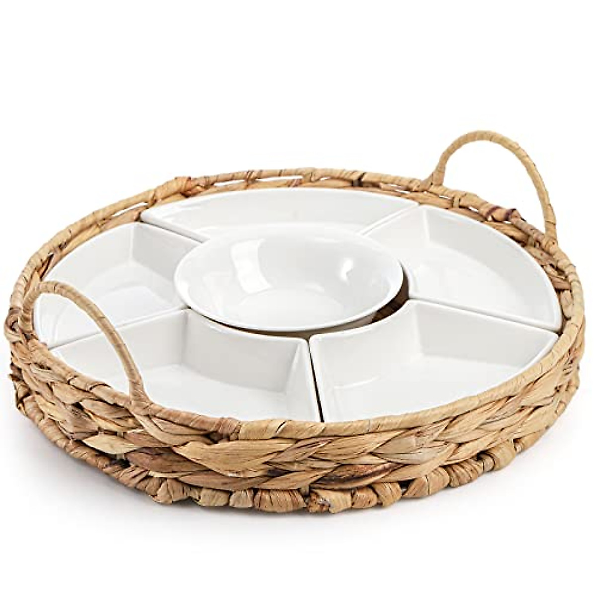 AVLA Ceramic Divided Serving Dishes, Porcelain Relish Tray, Party Appetizer Platter, 6 Removable Snack Bowls with Cattail Basket for Chips and Dips, Candy, Nut, Condiment, Veggie, Portable Handle