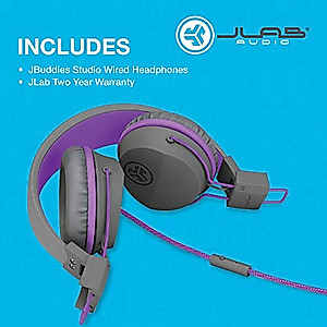 JLab JBuddies Studio On-Ear Kids Wired Headphones | Toddler Headphones | Kid Safe | Studio Volume Safe | Volume Limiter | Folding | Adjustable | Noise Isolation | with Mic (Graphite/Purple)