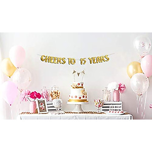 Cheers to 15 Years Gold Glitter Banner - 15th Anniversary and Birthday Party Decorations