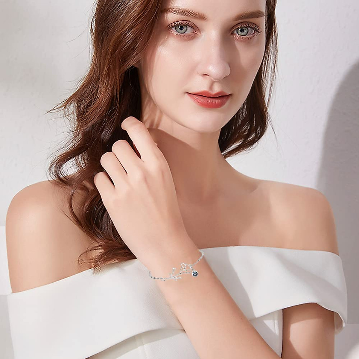 SLIACETE Birth Flower Projection Bracelet Personalized Photo 925 Sterling Silver Custom Picture 100 Languages Jewelry Memorial Gifts For Women Wife Mom