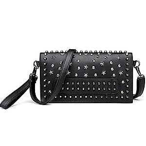 FiveloveTwo Women Small Punk Rivet Handbag Purse Clutch PU Satchel Shoulder Tote Top-handle Bag Black