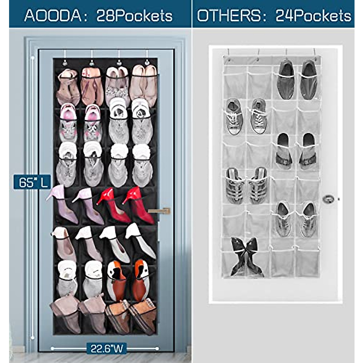 AOODA 28 Mesh Large Pockets Over The Door Shoe Organizer, Hanging Shoe Organizer for Closet Door Shoe Rack Hanger Holder, Black