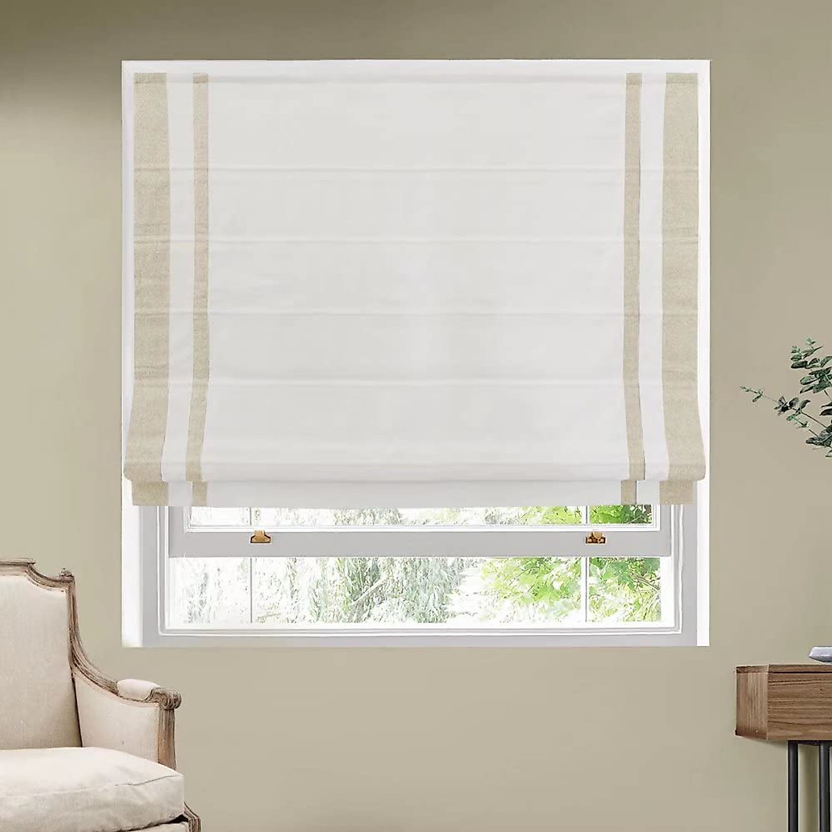 Cordless Roman Shades Window Shades, White Beige Border Custom Blackout Light Filtering Window Roman Blinds, Fabric Roman Shades for Windows, French Doors, Doors, Kitchen Windows