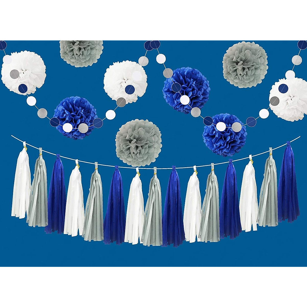 InBy 26pcs Tissue Paper Flower Pom Poms Party Decorations Kit Navy Blue Grey White Tassel Garland for Wedding First Birthday Bridal Baby Shower Graduation Bachelorette Party Supplies (12" 10" 8")