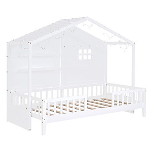 SOFTSEA Twin Size House Bed for Kids, Low Loft Bed with Storage Shelves, Wood Bed Frame with Window and Sparkling Light Stripe on The Roof, Kids Twin Bed Frame, No Box Spring Needed, White