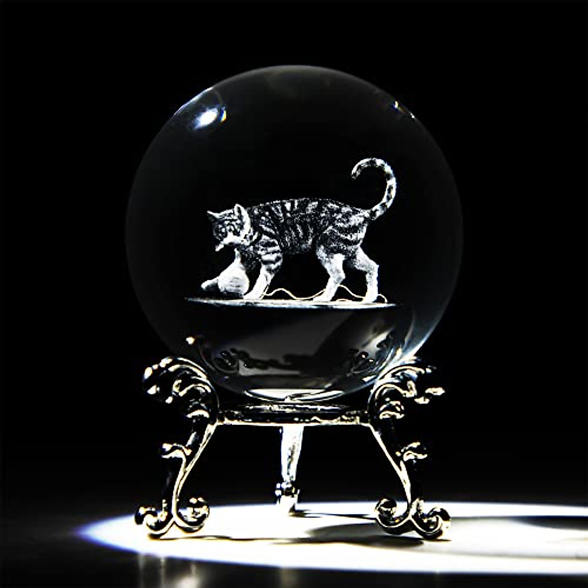 HDCRYSTALGIFTS 3D Crystal Ball with Silver-Plated Flowering Stand 2.4inch Laser Engraved Crystal Decorative Ball Glass Sphere for Home Decor Gift (Cat and String)