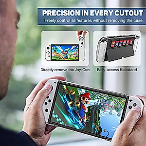 MoKo Case Compatible with Nintendo Switch OLED Model 2021, PC Protective Accessories Cover Case with 6 Game Card Slots and 6 Thumb Caps & 2 Tempered Glass Screen Protectors, Clear+Blue
