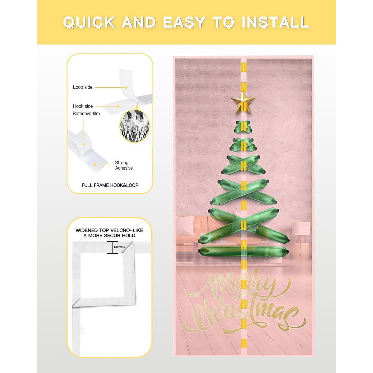 OComster Pink Christmas Tree Magnetic Screen Door, Green Xmas Tree Merry Christmas Hands Free Screen Mesh Size 38" x 83", Reinforce Heavy Duty Mesh Screen Doors for Patio/Front/Sliding Door