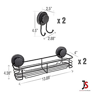 JS Jackson Supplies Set of Matte Black Suction Cup Rectangular Shower Shelves, (2) Caddies and (2) Suction Cup Shower Hooks