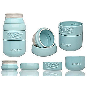 Sparrow Decor Mason Jar Measuring Cups Set - Set of 4 Ceramic Measuring Cups (1/4, 1/3, 1/2, 1 Cup) in Rustic, Antique, Farmhouse Design Perfect for Your Kitchen (Blue)