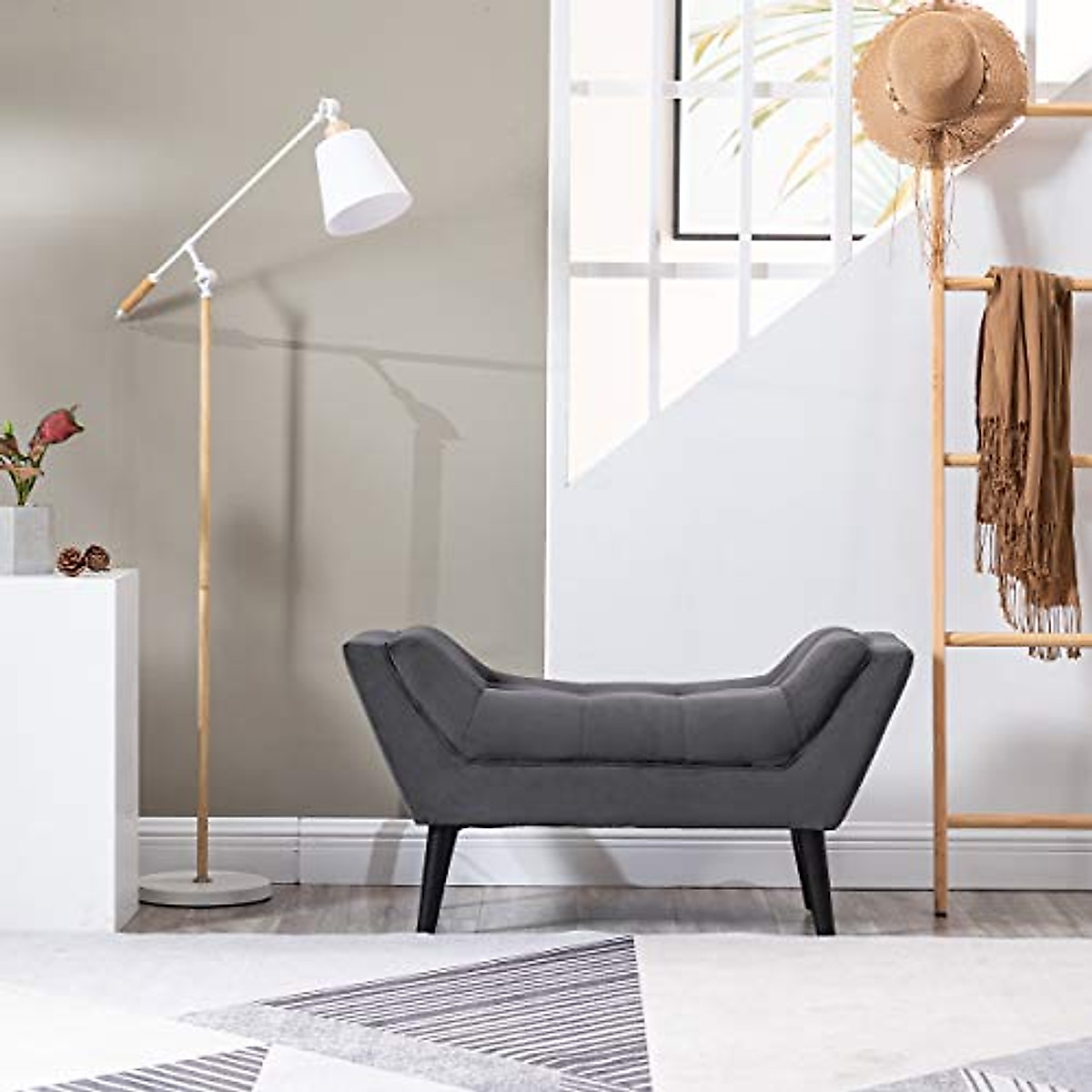 Alunaune Tufted Ottoman Bench Upholstered Entryway Bench Modern Fabric Footstool for Hallway with Wooden Legs-Dark Gray