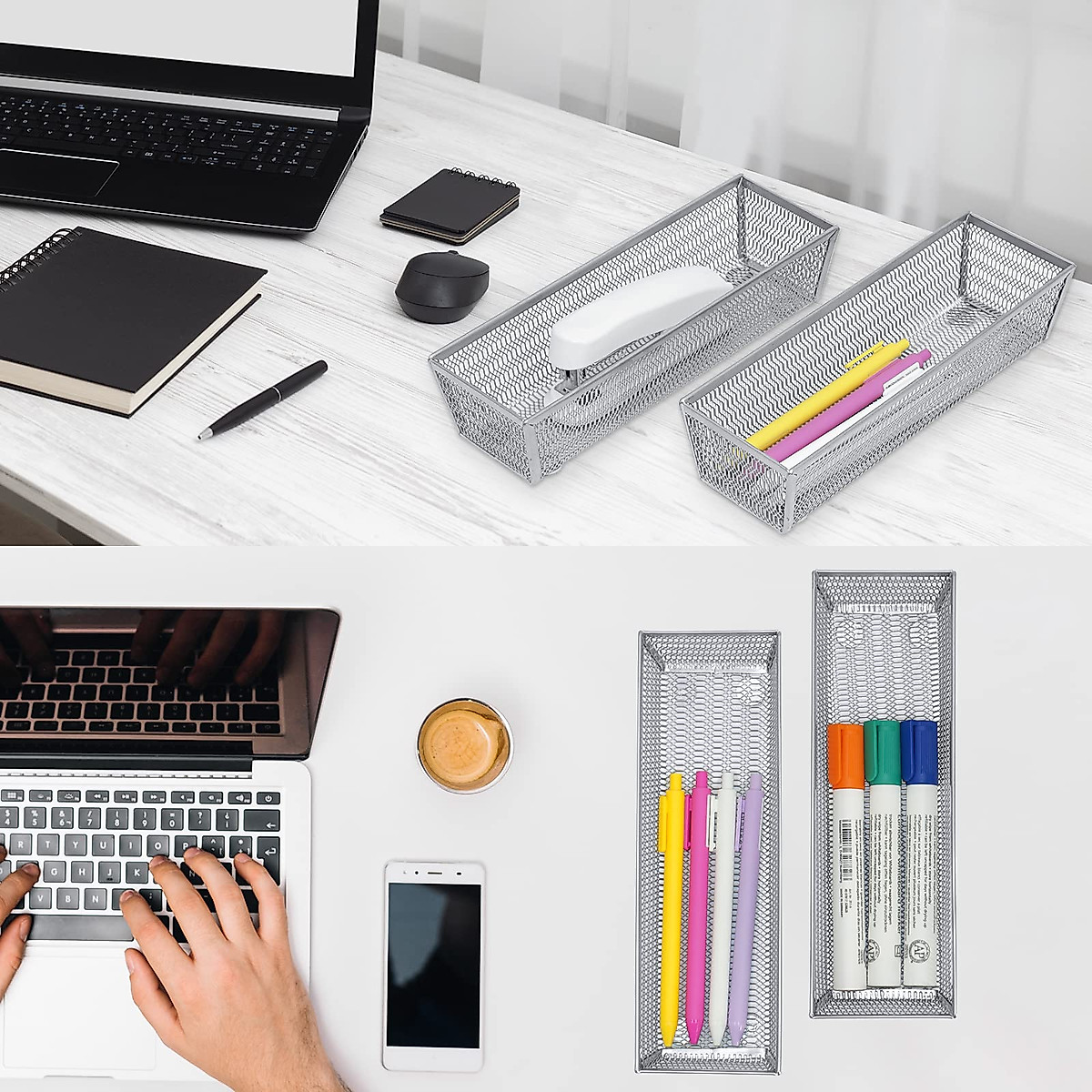 Neudeco Mesh Drawer Organizer, Silverware Organizer for Kitchen Drawer?Utensil Metal Organizer for Flatware, Knives, Cosmetic (Silver 9 * 3 * 2 inch Pack6)