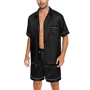 SWOMOG Men Silk Satin Pajamas Set Button Down Sleepwear Short Sleeve Pjs Set Soft 2 Piece Lounge Set Nightwear with Pockets Black Medium