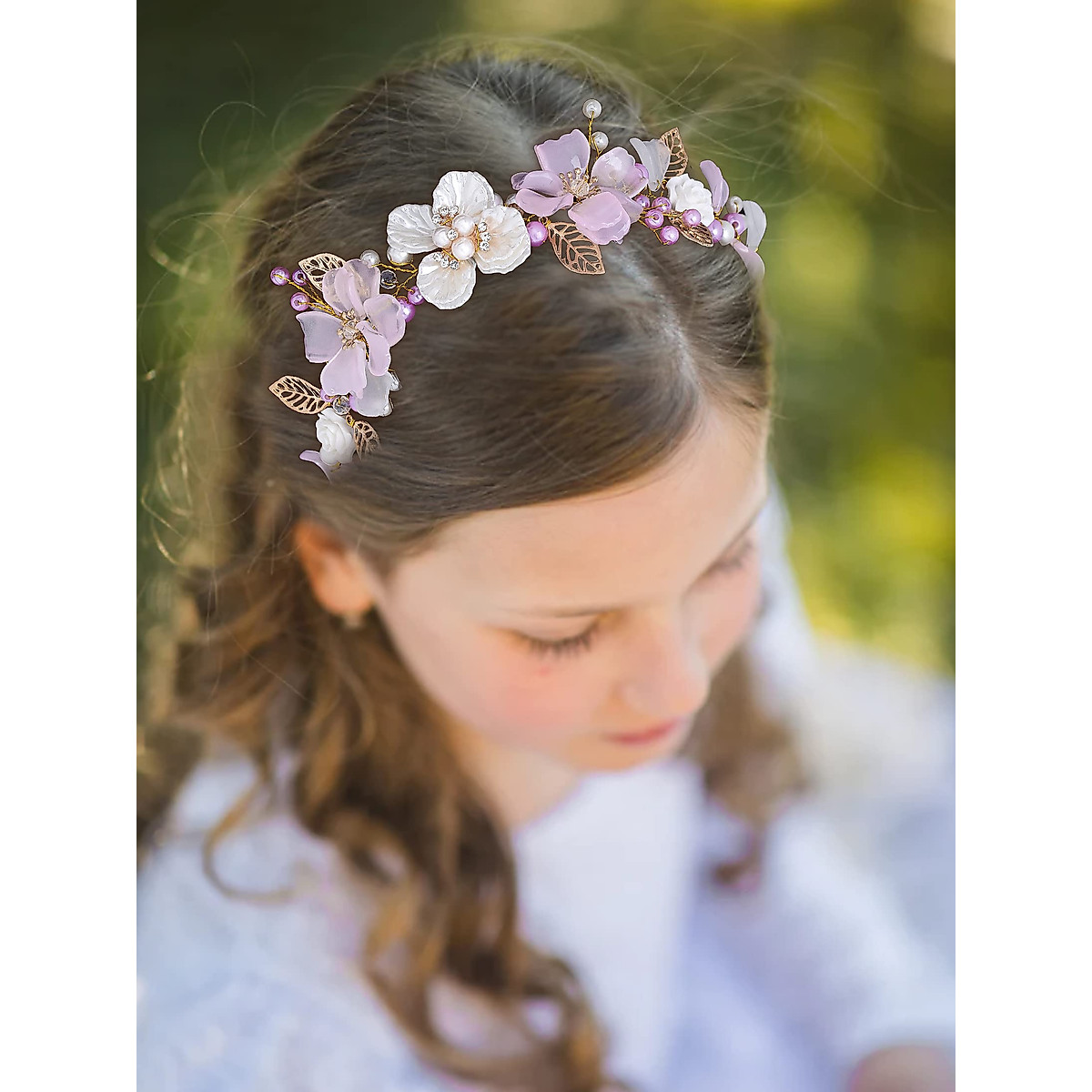 Campsis LED Flower Girl Headpiece Glowing Pearl Princess Light up Headband for Wedding Leaf Floral Crystals Frist Communion Hair Accessories Prom Birthday for Girls (Gold)