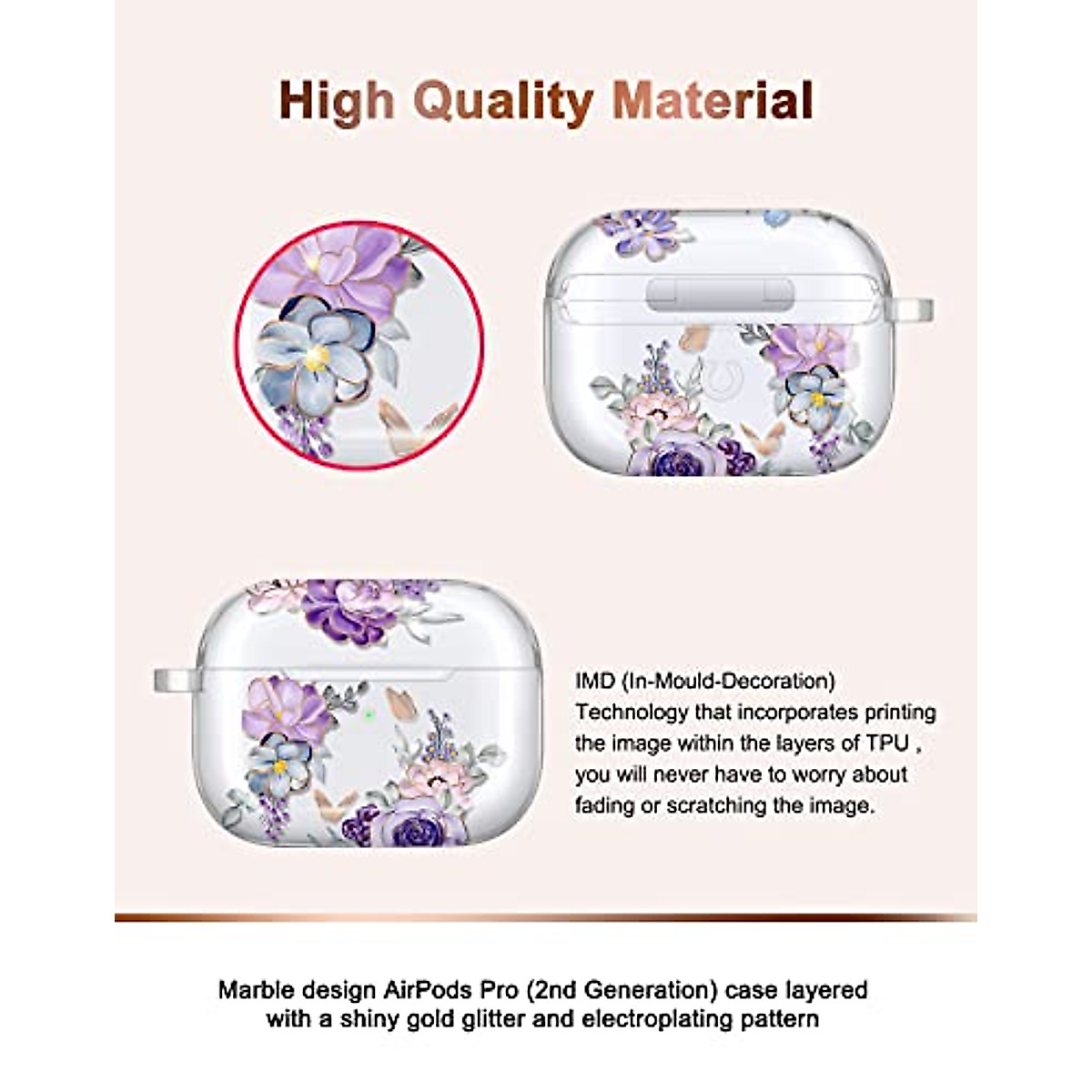 JIAXIUFEN for AirPods Pro 2019 / Airpods Pro 2nd Generation Case Cover Gold Sparkle Glitter Butterfly Design Cute Full Protective TPU Skin Accessories for Women Girl with Keychain, Flower Purple