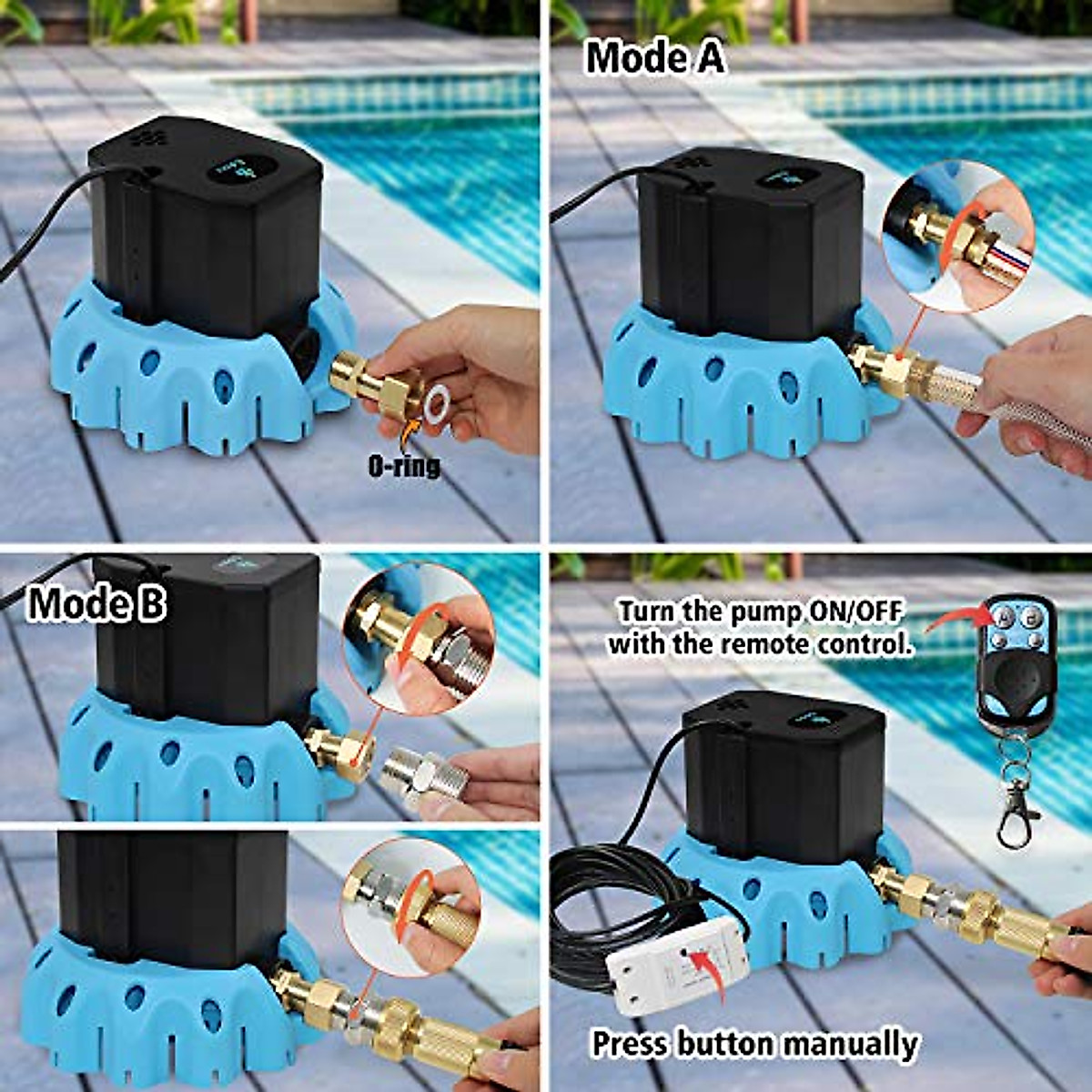 EDOU DIRECT Remote Control Pool Cover Pump | HEAVY DUTY | 1,200 GPH Max Flow | 75 W | Includes: 16' Drainage Hose & 3 Adapters | Ideal for draining water from above ground & inground pools Blue