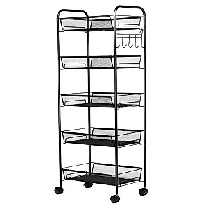 Giantex 5-Tier Storage Cart Rolling Trolley Organizer Utility Cart with Lockable Wheels, 5 Hooks, Mesh Shelves for Home Kitchen, Bathroom, Office and Bedroom (Black)