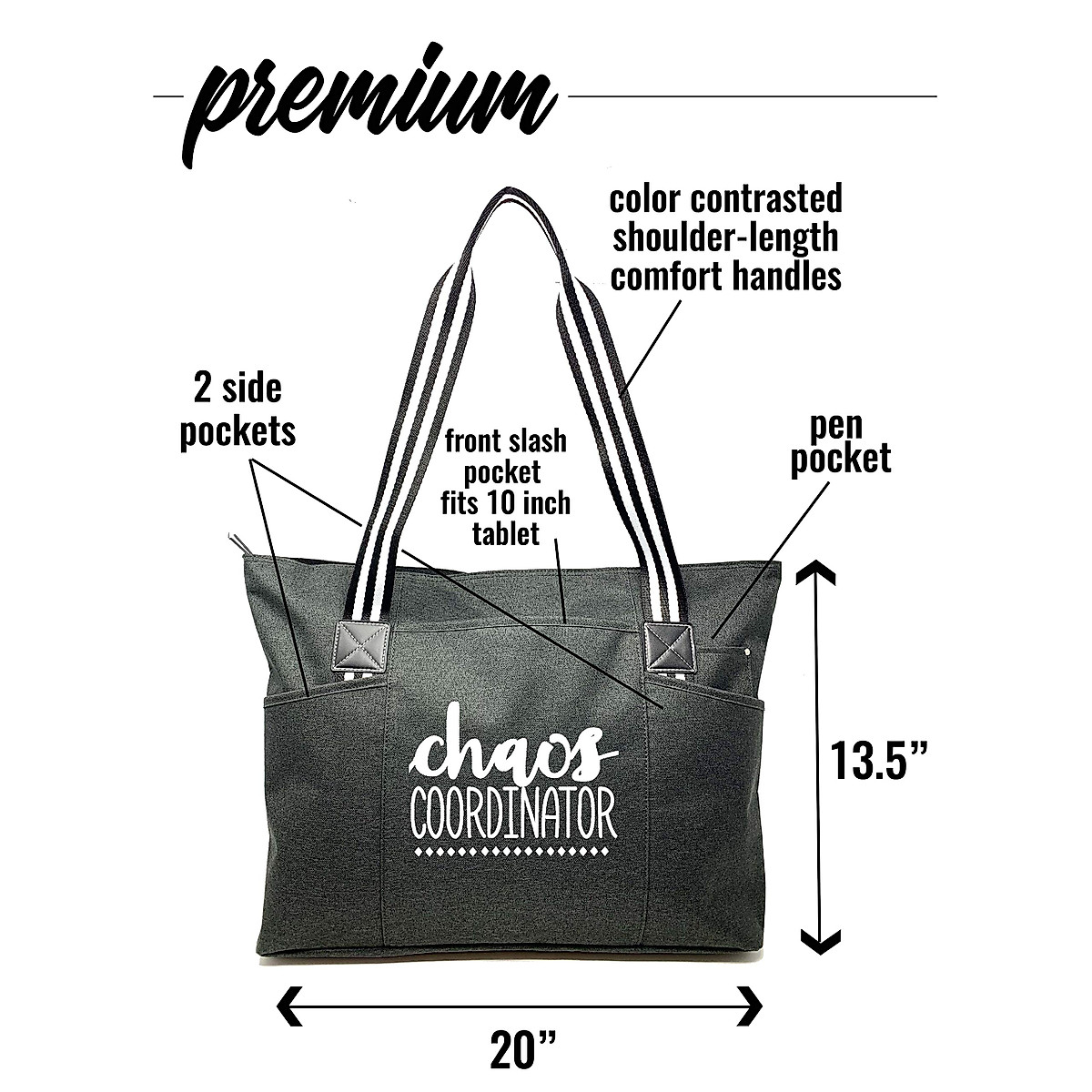 Brooke & Jess Designs Chaos Coordinator Tessa Black Zipper Canvas Tote Bag - Gift Ideas for Female Bosses, Thank You Office Appreciation Gift