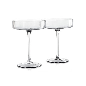 Ribbed Coupe Cocktail Glasses 8 oz | Set of 2 | Classic Manhattan Glasses For Cocktails, Champagne Coupe, Ripple Coupe Glasses, Art Deco Gatsby Vintage, Crystal with Stems (Smoke Grey)