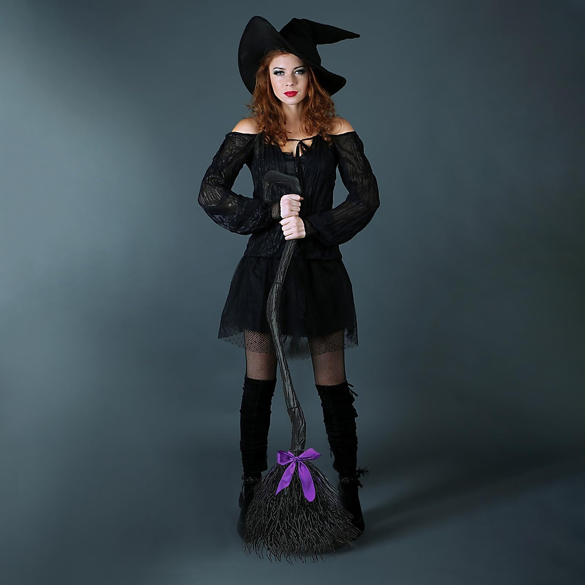Witch Broom with Ribbon, Halloween Decoration Party Favor Photo Booth Accessories (Black, 130cm*25cm)