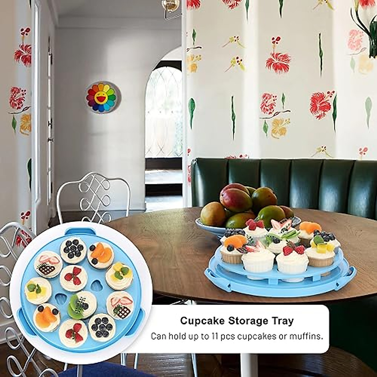 BSTKEY Portable Cake Carrier with Lid and Handle, Cake Turntable + Cupcake Storage Tray for Transport, 10" Round Cake Container Holder with Two Sided Base for Pies Nuts Fruit Cookies, Blue