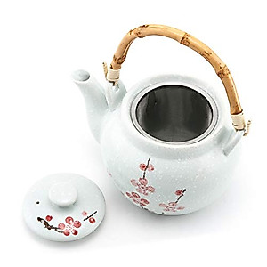 Traditional Japanese Style Ceramic Teapot with Rattan Handle 42 fl oz Teapot with Stainless Steel Infuser Strainer for Loose Leaf Tea (Snow Cherry Blossom)