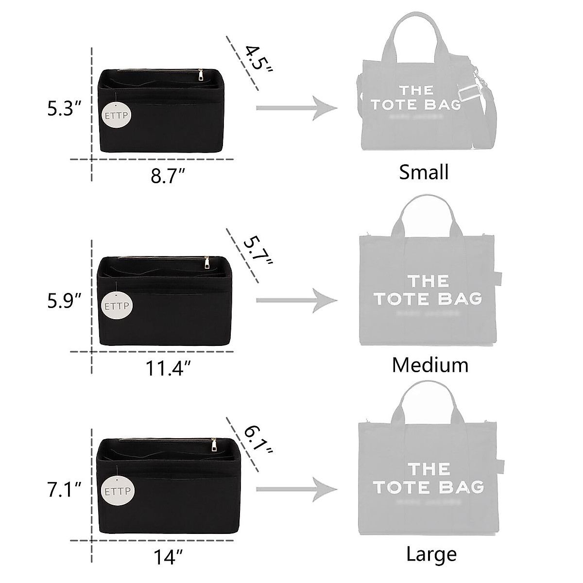 ETTP Purse Organizer Insert For Handbags, Tote Bag Organizer Insert, Compatible with MJ Tote and Onthego (Large, Black)