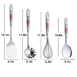 7-Piece Stainless Steel Cooking Utensils Set with ceramic Handle and Holder, Kitchen Utensil Tableware Set, Spatula, Turner Spatula, Ladle, Serving Spoon, Slotted Spoon, Pasta Server, Whisk