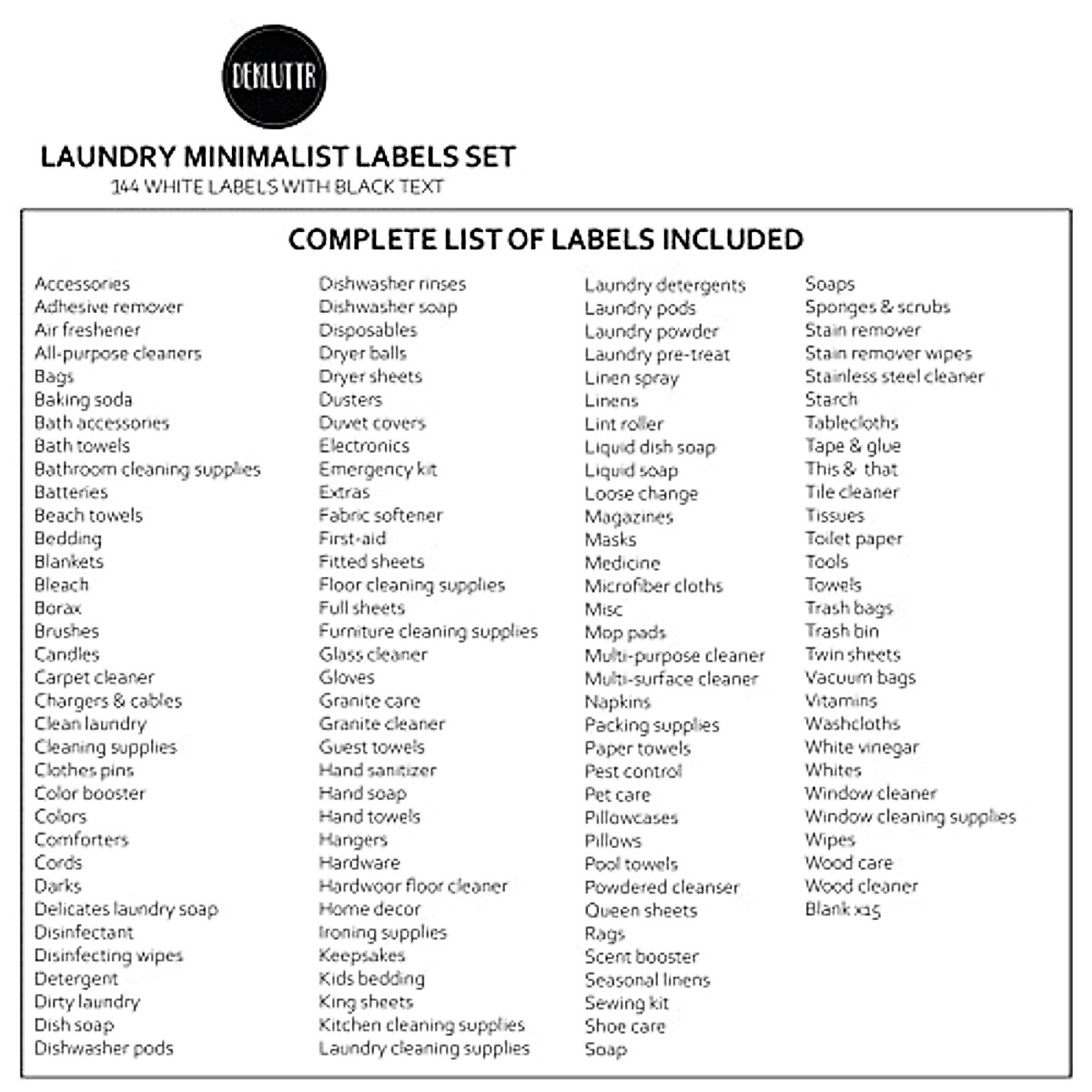 Dekluttr 144 Minimalist Laundry Labels for Organizing Linen, Storage, and Laundry Room Preprinted Organization Labels for Storage Bins Containers and Jars
