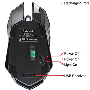 VEGCOO Wireless Gaming Mouse, C8 Wireless Rechargeable Mouse with Colorful LED Lights and 2400/1600/1000 DPI for Laptop and Computer (C9 Silver)