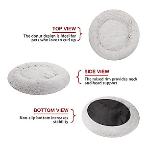 Bedfolks Calming Donut Dog Bed, 36 Inches Round Fluffy Dog Beds for Large Dogs, Anti-Anxiety Plush Dog Bed, Machine Washable Pet Bed (Light Grey, Large)