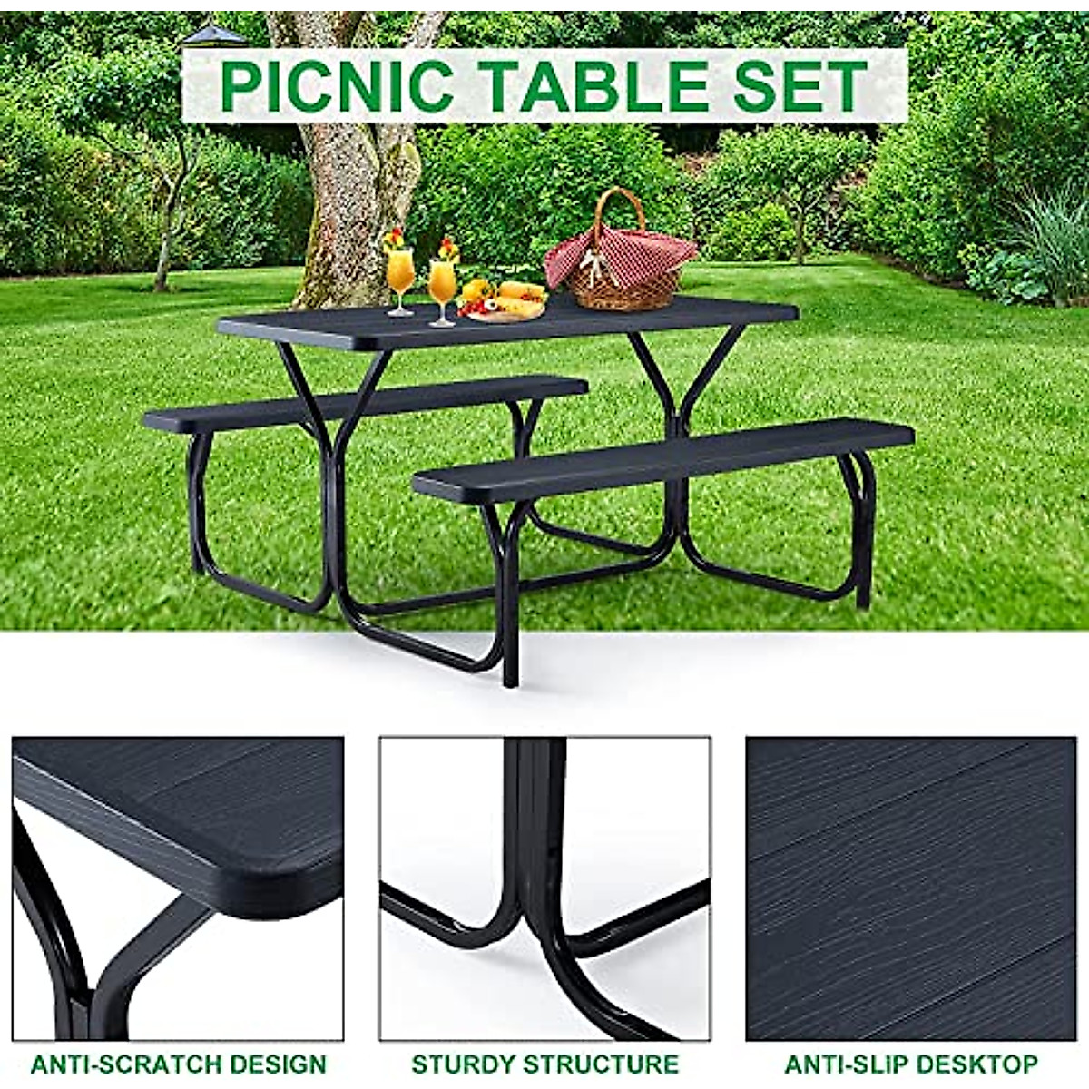 ECOTOUGE 5 FT Portable Picnic Table Benches Set for Outdoor, Heavy Duty Camping Picnic Tables, Weather Resistant, Suitable Patio, Garden for Adult(Black)