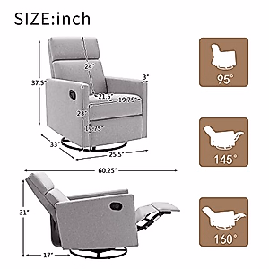 P PURLOVE Modern Upholstered Rocker Chair with Adjustable Backrest and Retractable Footrest, 360° Glider Swivel Recliner Chair, Glider Chair Easy to Assemble and Clean, Gray