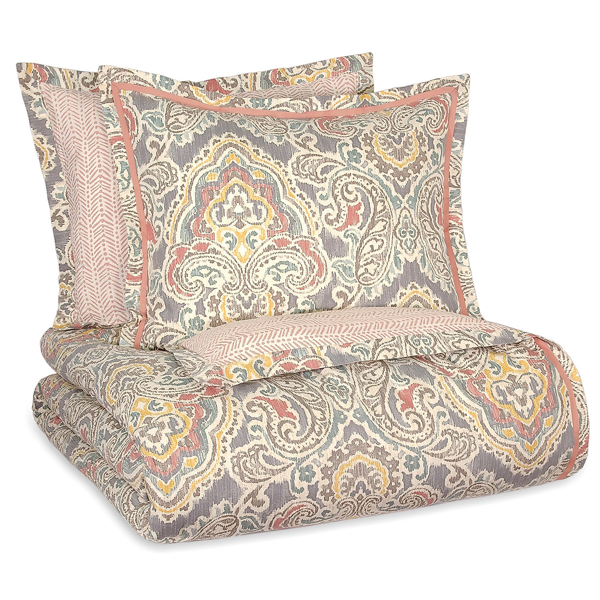 Waverly Artisanal Modern Farmhouse Damask 4 Piece Reversible Comforter Set, All Season Bedding, Includes One Comforter, One Bed Skirt and Two Pillow Shams, Machine Washable Full/Queen Bed Set, Mineral