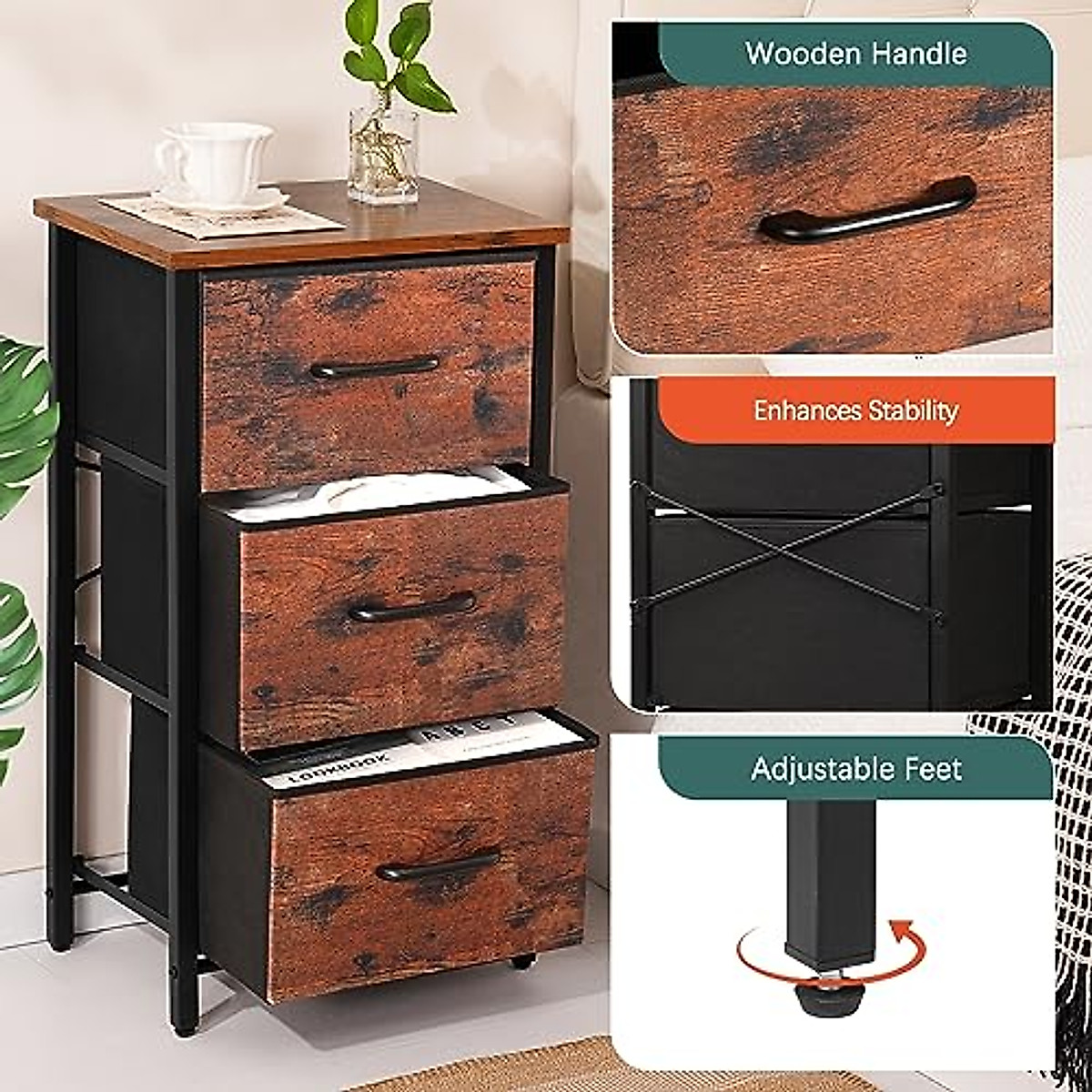 Yoobure Nightstand with 3 Fabric Drawers, Dresser for Bedroom Storage Drawer Tower, Small End Table Bedside Furniture Dressers & Chests Organizer Unit Closet Hallway Entryway Office, Berry Brown