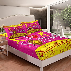 Softball Player Bedding Set Twin Size Sports Softball Bed Set for Girls Teens Bedroom Decor Kids Yellow and Pink Fitted Sheet Soft Microfiber Gaming Bed Cover(1 Fitted Sheet+1 Pillow Case)