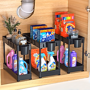 Mifine 3 Pack Under Sink Organizers and Storage, 2-Tier Organizer with 12 Hooks and 3 Hanging Cups, Sturdy Multi-Purpose Storage Baskets for Bathroom Kitchen Countertop Pantry Cabinets Laundry Room