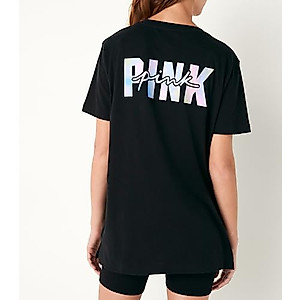 Victoria's Secret Women's PINK Logo Short Sleeve T-Shirt, Women T Shirt, Black, (L)
