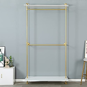 MDEPYCO Modern Simple Industrial Pipe Double Hanging Rods Clothing Rack,Retail Display Wall Mounted Storage Clothes Hanging Shelf,2 Tier Wood Garment Rack (One Shelves,Gold, 47.2" L)
