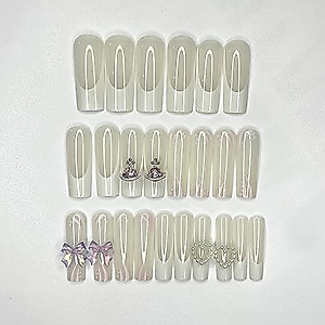 MISUD Long Square Press on Nails Squoval Fake Nails Glossy Glue on Nails White French Tip Acrylic Nails Saturn Rhinestone Arificial Nails 3D Bow False Nails with Design 24 pcs