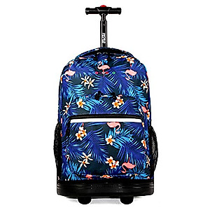 J World New York Sunrise Kids Rolling Backpack for Girls Boys Teen. Roller Bookbag with Wheels, New Flamingo, 18"