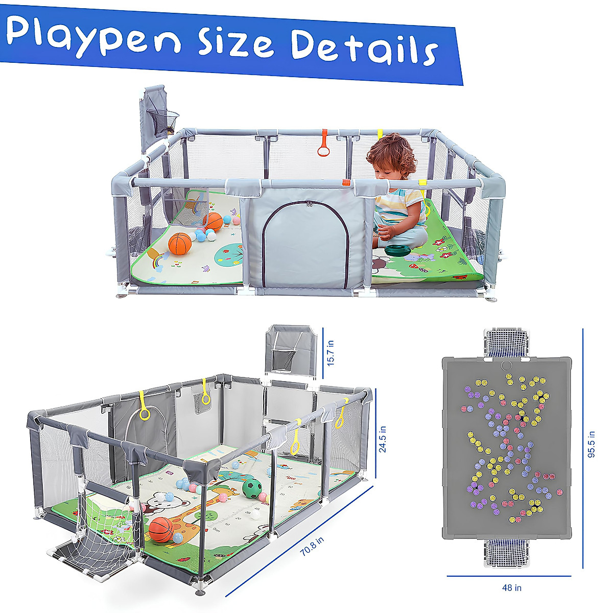 Upgrated Baby Playpen with Mat, Playpen for Babies and Toddlers, Large Playpen with Mat, Sport Playpen, Play Pen with Accessories, Baby Play Yards, PlayPen Indoor & Outdoor Activity, Sturdy Kids