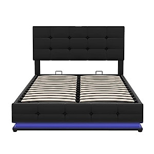 QVUUOU Full Size Tufted PU Upholstered Platform Bed, Bedroom Furniture Bed Frame with Hydraulic Storage System, LED Lights and USB Charger, for Kids & Teens (Black Upholstered Platform Bed)