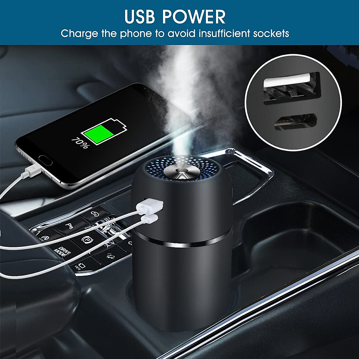 USB Car Humidifier, 200ml Mini Portable Humidifiers with 7 Colors LED Night Light, Quiet Operation, Adjustable Mist Modes for Bedroom Home Baby Office Car(Black)