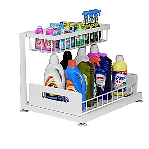 Lxmons 2-Tier Under Sink Slide Out Organizer, Pull Out Cabinet Storage Shelf with Sliding Storage Wire Basket Drawer for Bathroom Kitchen, Countertop or Pantry Storage shelf, White