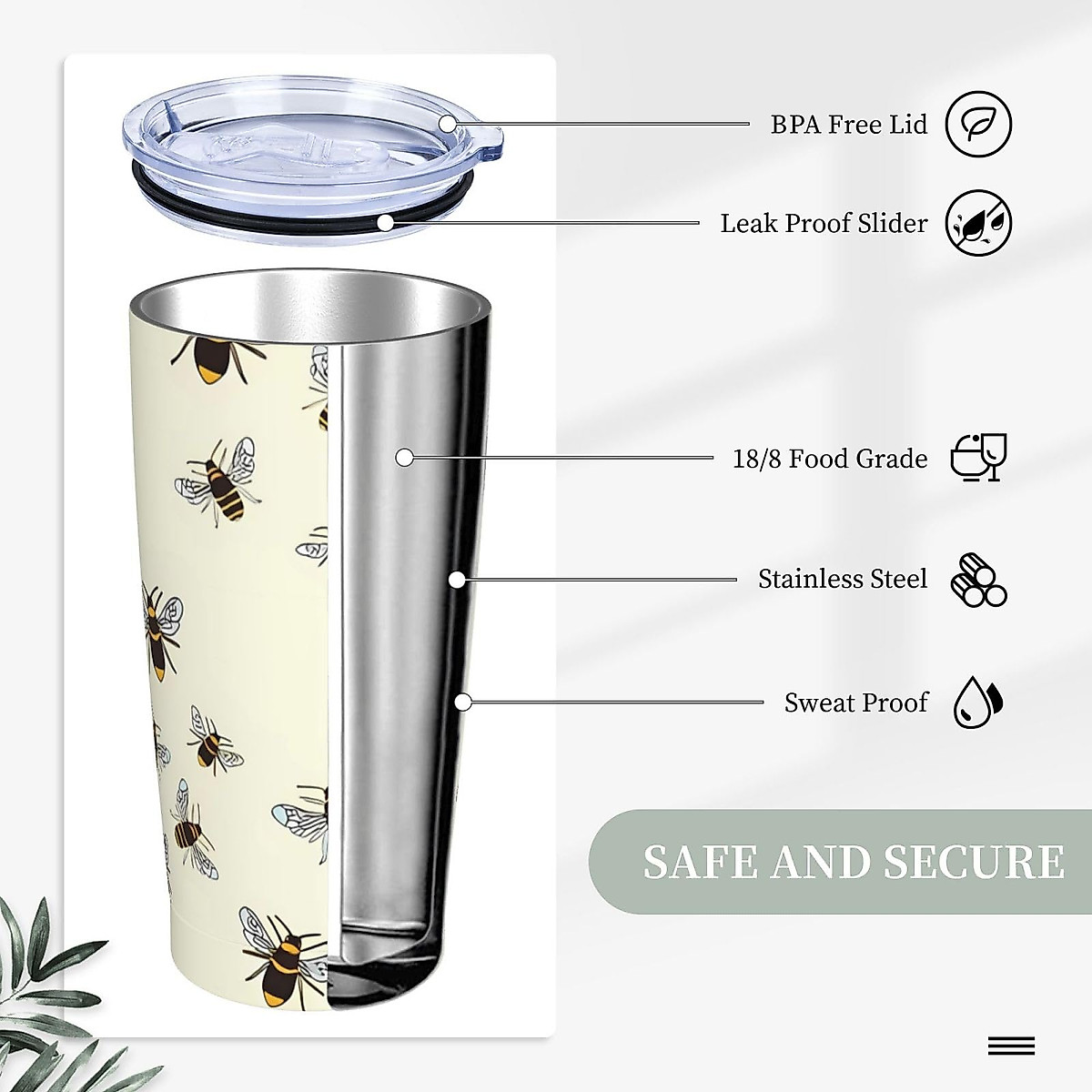 Bees Pattern 20oz Tumbler Stainless Steel Vacuum Insulated Double Wall Travel Tumbler, Durable Insulated Coffee Mug, Thermal Cup With Lid and Straw for Hot & Cold Drinks