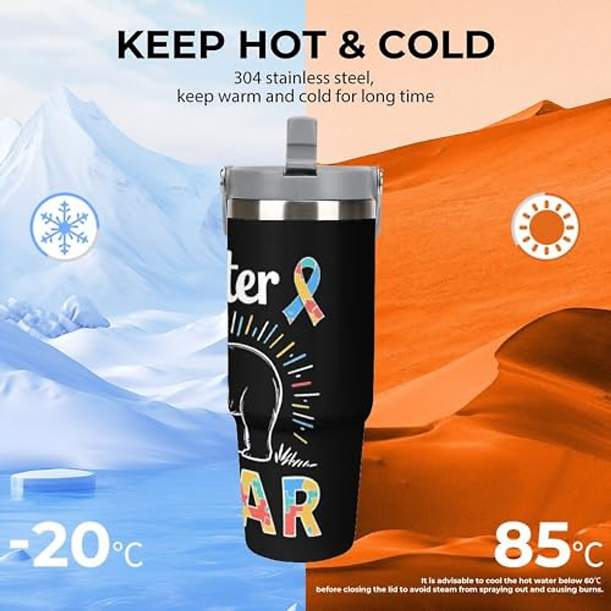 Sister Autism Awareness with Bear (2) 30 OZ Insulated Tumblers with Handle And Straw Leakproof Vacuum Insulated Stainless Steel Water Bottle for Car Fishing Travel